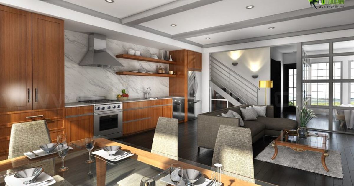 Beautifully Bold 3d Interior Rendering Of Living Room with Kitchen ...